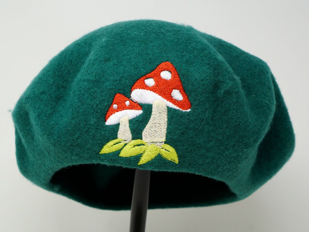 Mushroom Embroidered Wool Beret Cap, Red Mushroom Winter Wool Beret Hat ...