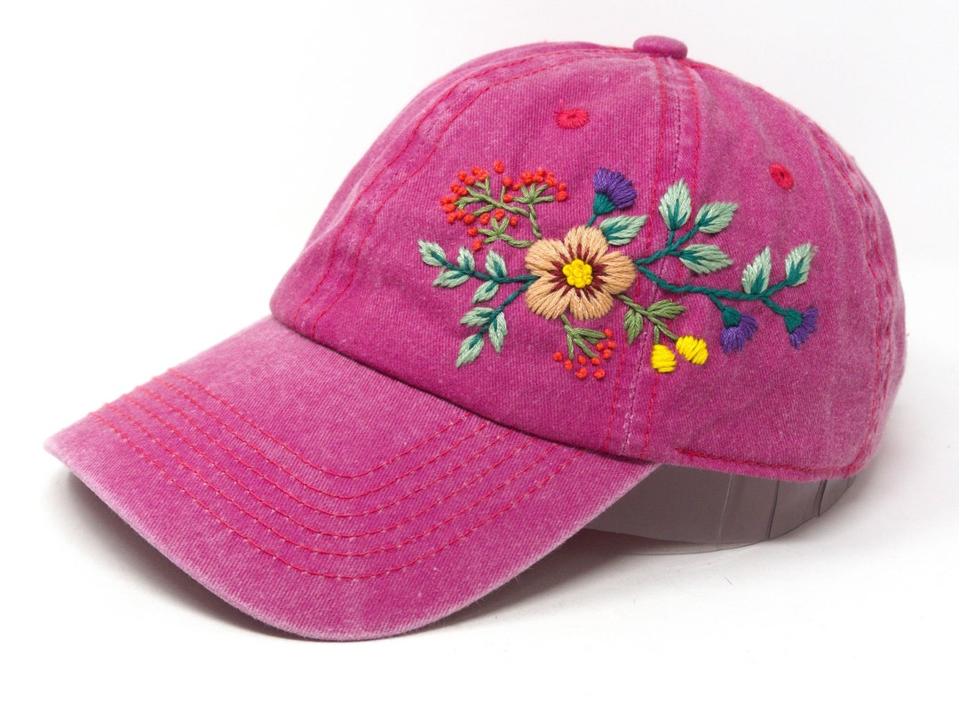 Hand Embroidered Cute Flower Wash Cotton Hot Pink Baseball Cap, Hand ...