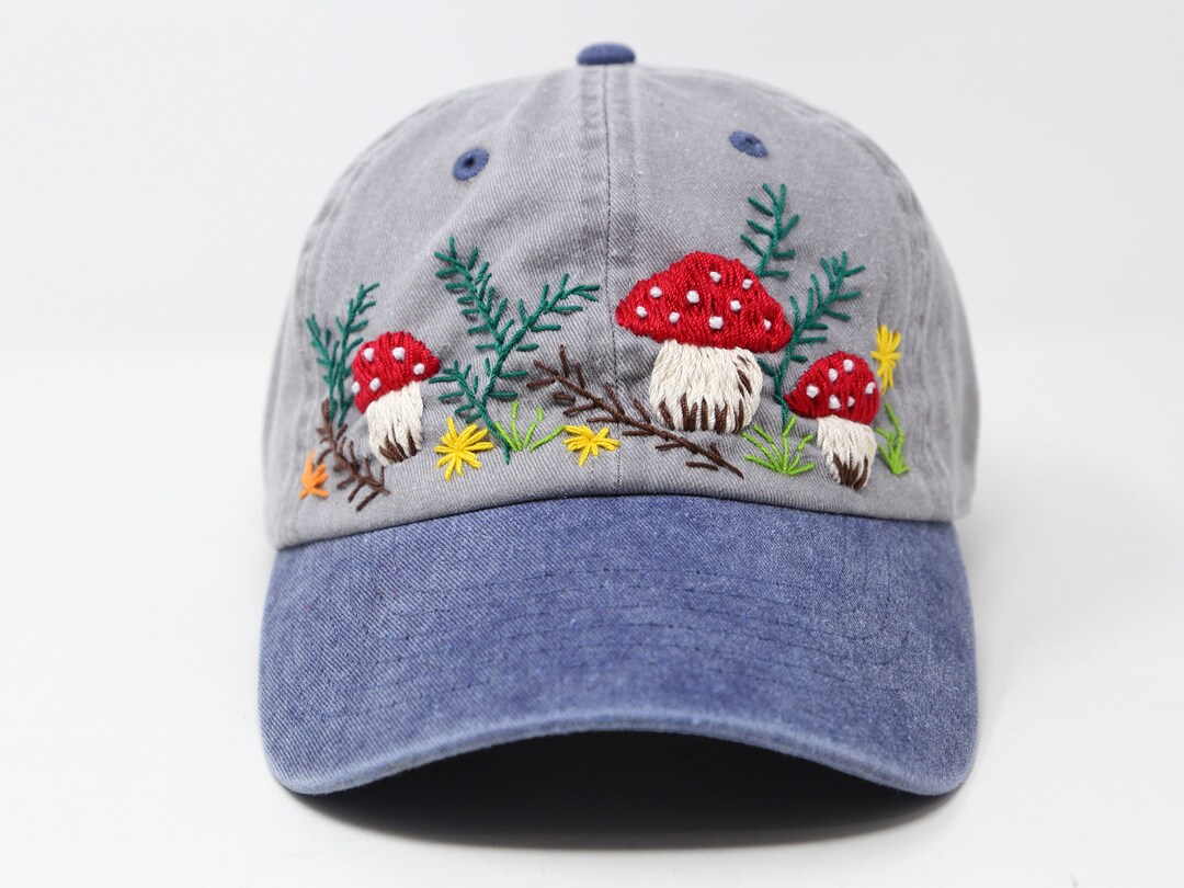 Hand Embroidered Mushroom Flower Hat Cap, Wash Cotton Baseball Cap, 2 ...