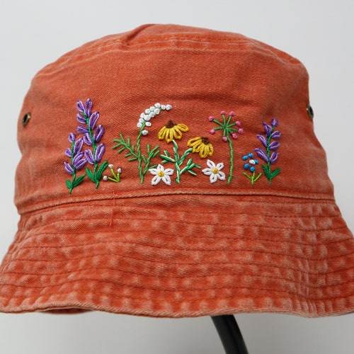 Washed Cotton Bucket Hat Hand Embroidered Wild Flower Cap Etsy