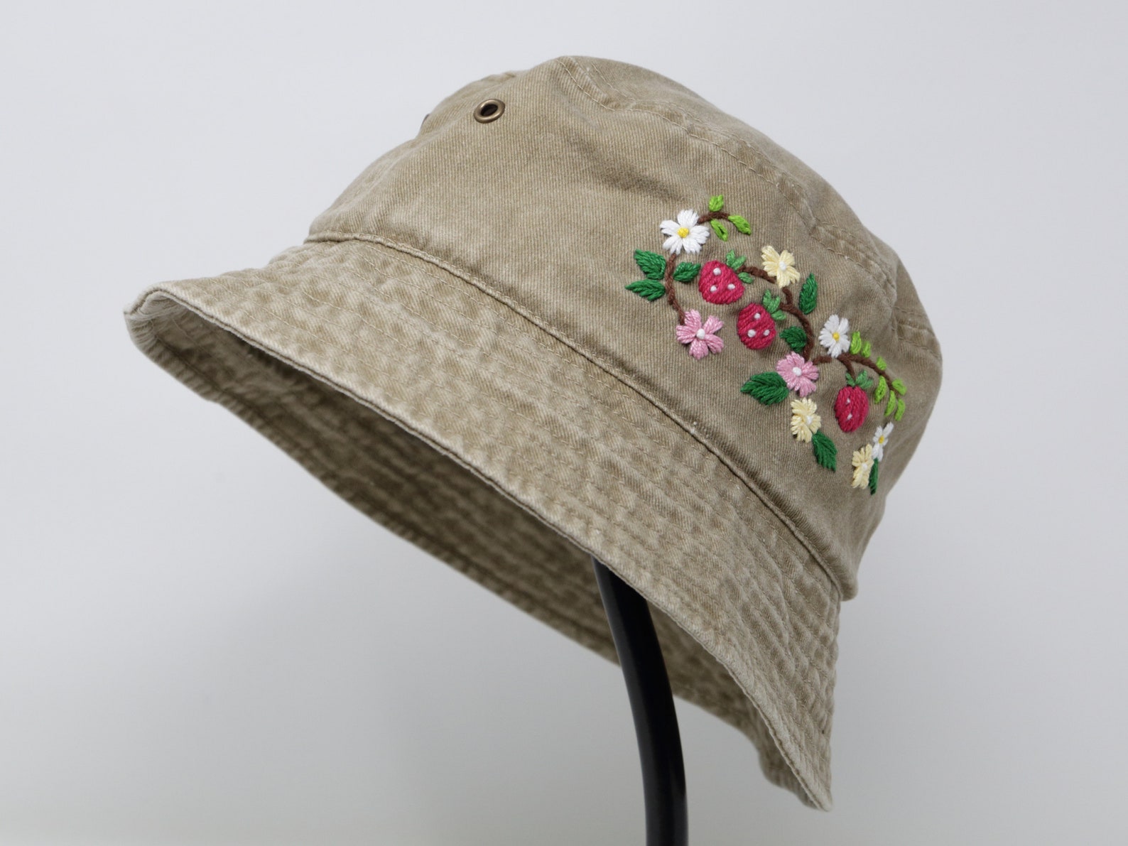 Washed Cotton Beige Bucket Hat Hand Embroidered Strawberry Etsy