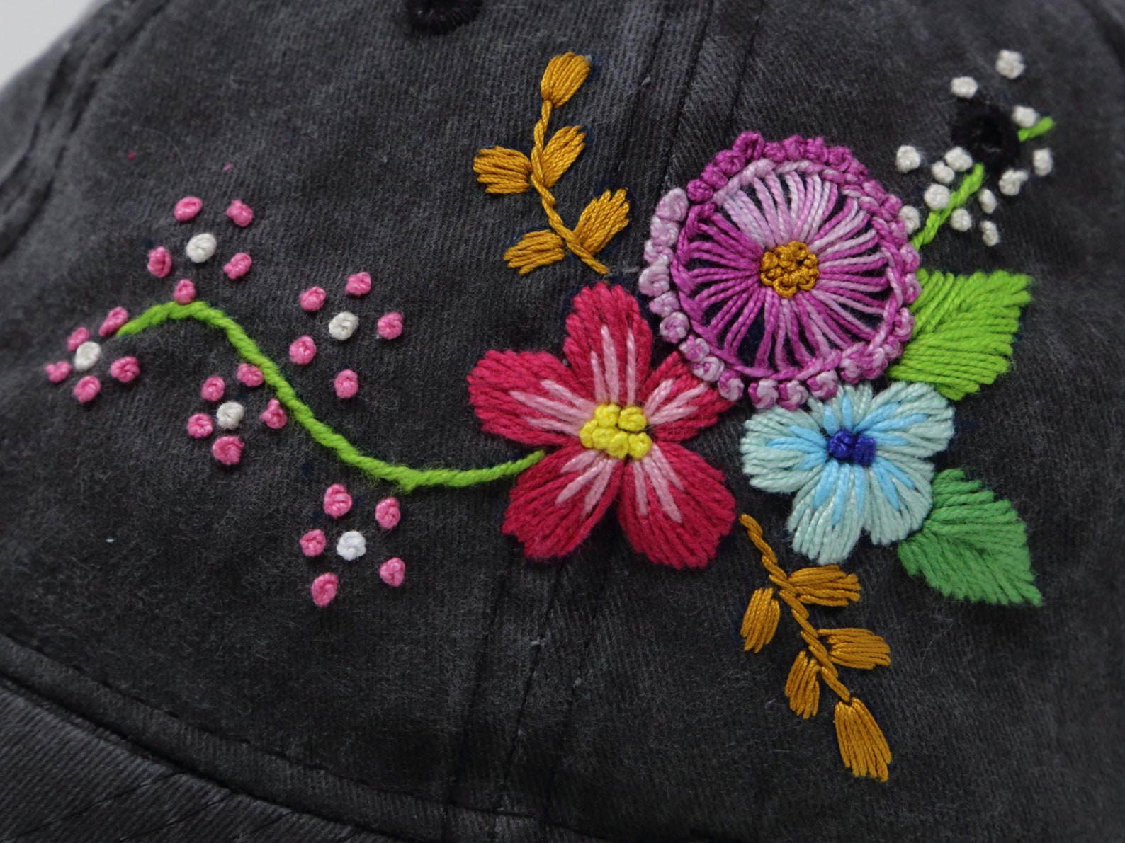 Wash Cotton Black Baseball Cap Hand Embroidered Flower Hat - Etsy