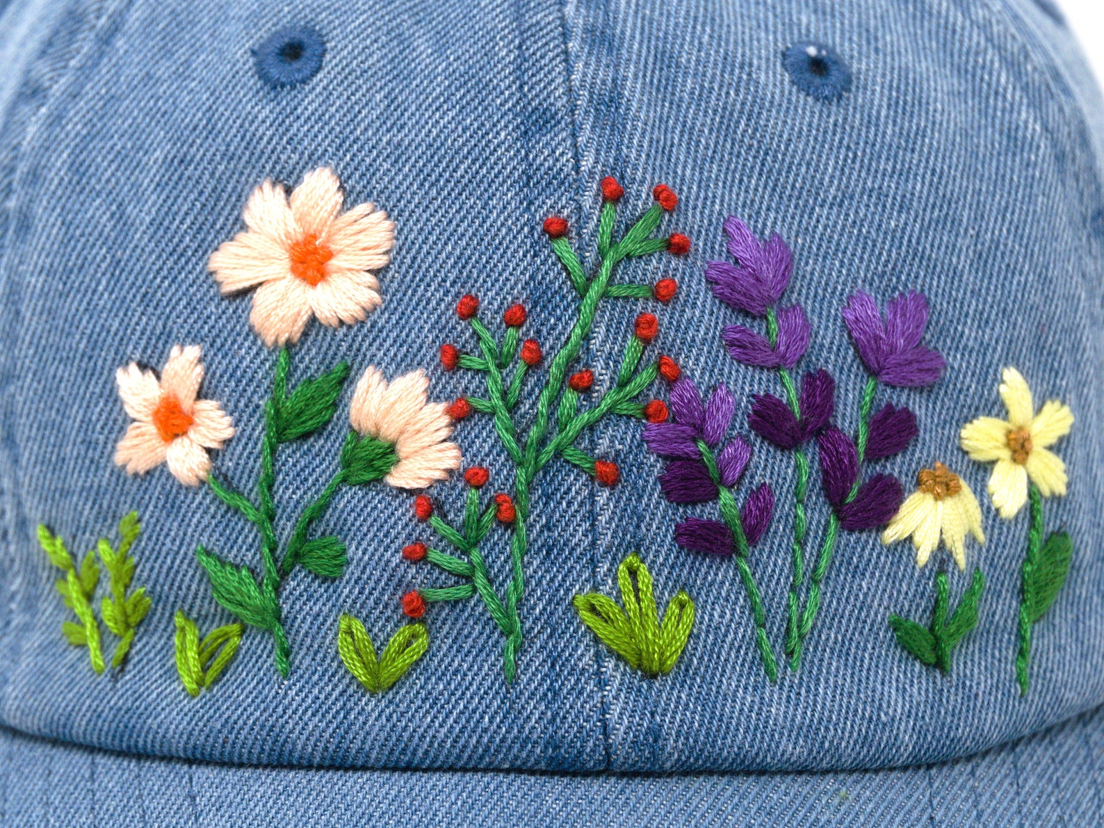 Hand-stitched Blossom Cotton Baseball Cap Denim Blue - Bold and ...