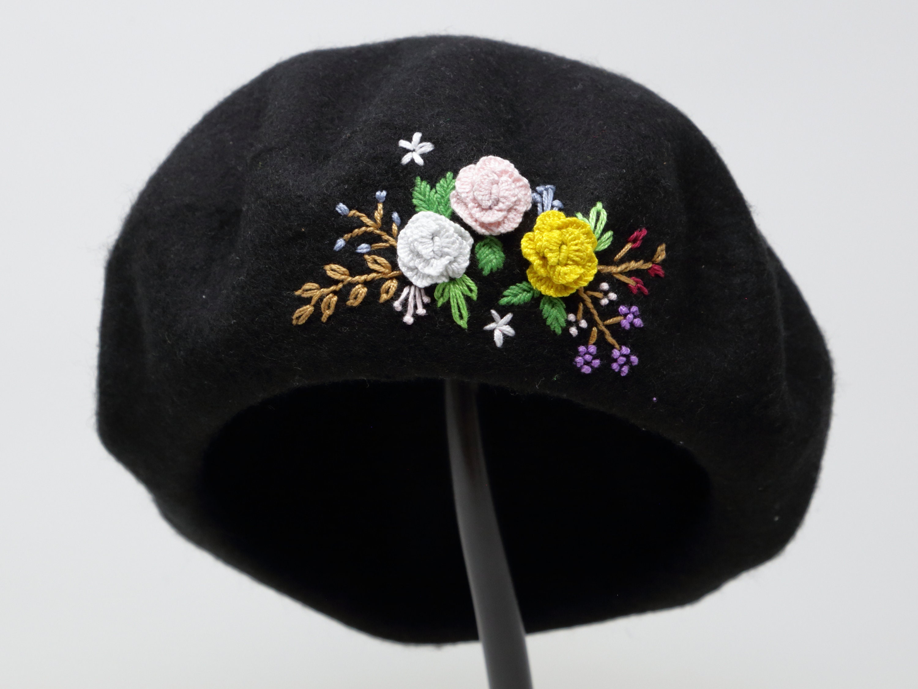 Beret Hat Flower Hat Wool Beret Hand Embroidered Hat - Etsy