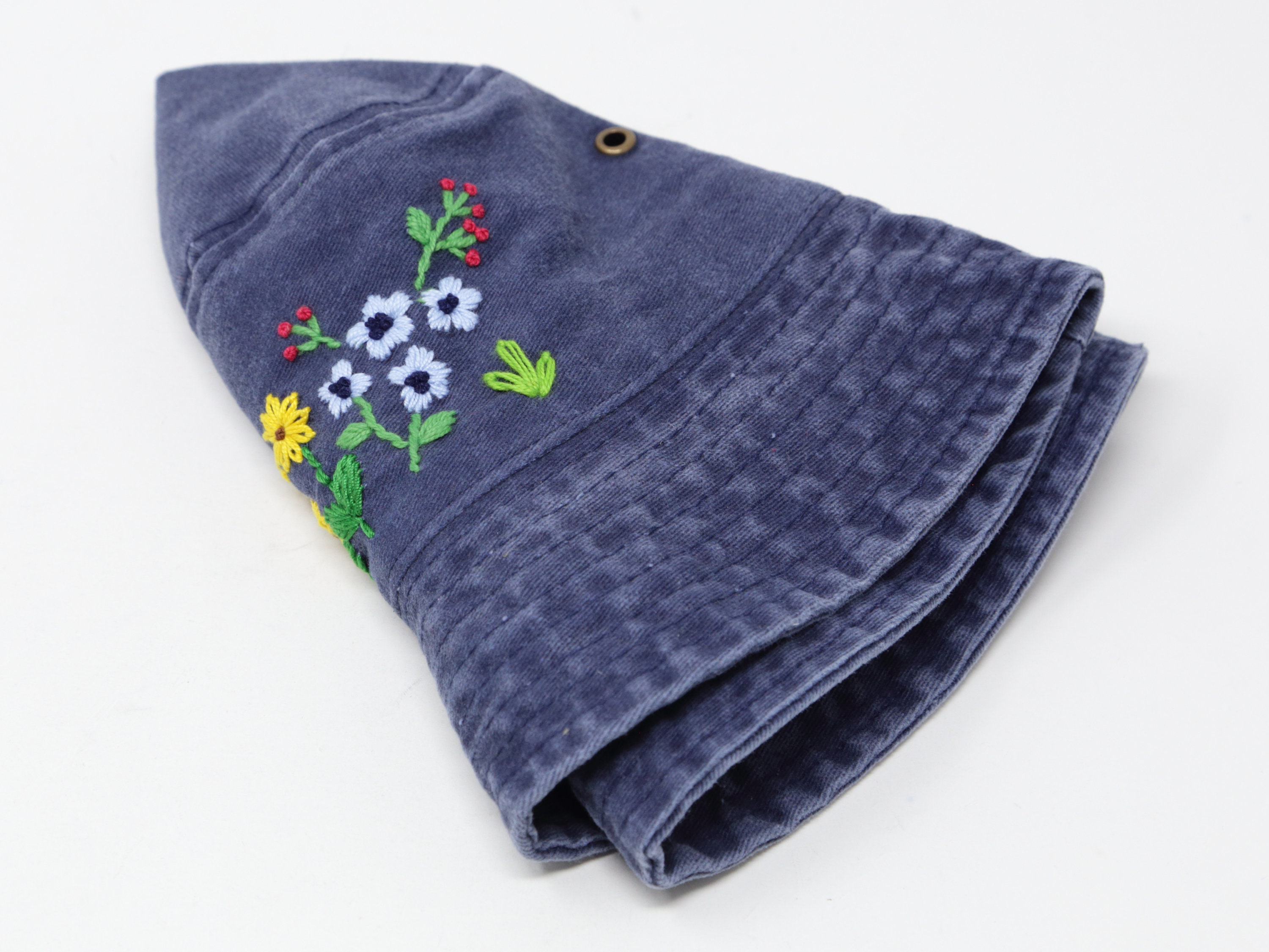 Washed Cotton Bucket Hat Hand Embroidered Flower Cap Short Etsy