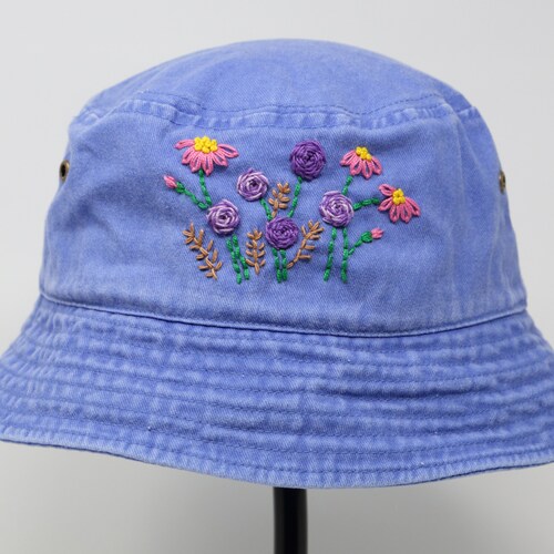 Summer Cotton Bucket Bonnie Hat Hand Embroidered Lavender Etsy