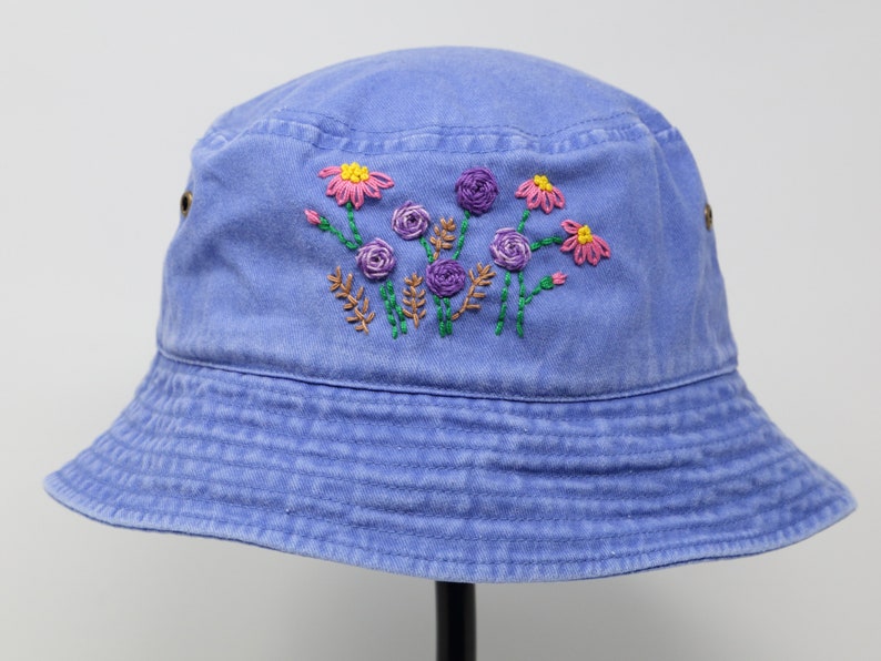 Washed Cotton Bucket Hat Hand Embroidered Purple Rose Wild - Etsy