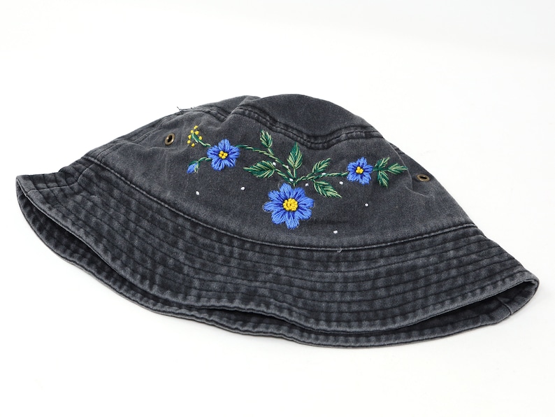 Washed Cotton Bucket Hat, Hand Embroidered Blue Flower Cap, Short Brim ...