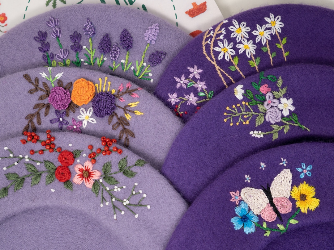 Feminine Flora: Hand-embroidered Violet Purple Wool Beret - Trending ...