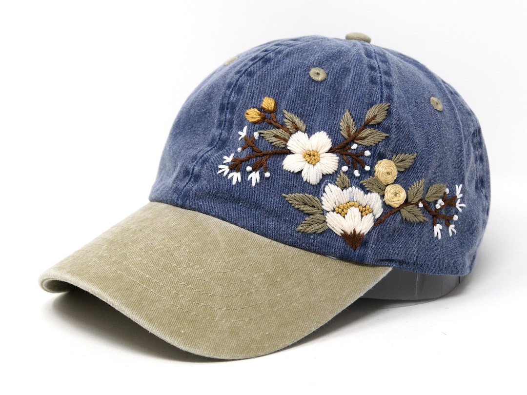 Embroidered Flower Cotton Cap Blue Beige - One-of-a-kind Hat With ...