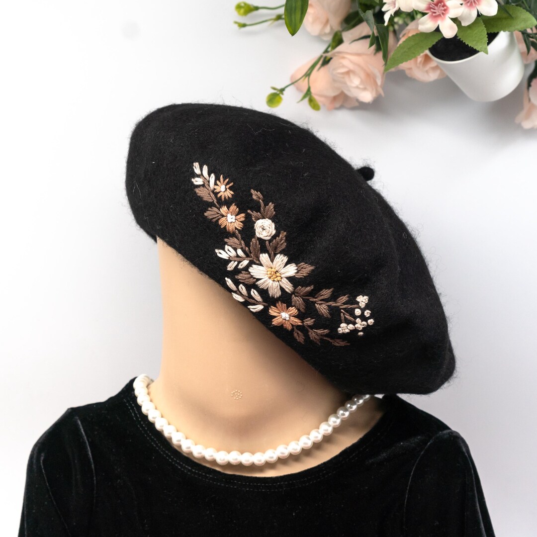 Unique Hand Embroidered Flower Wool Beret Women's Winter Fashion Gift ...