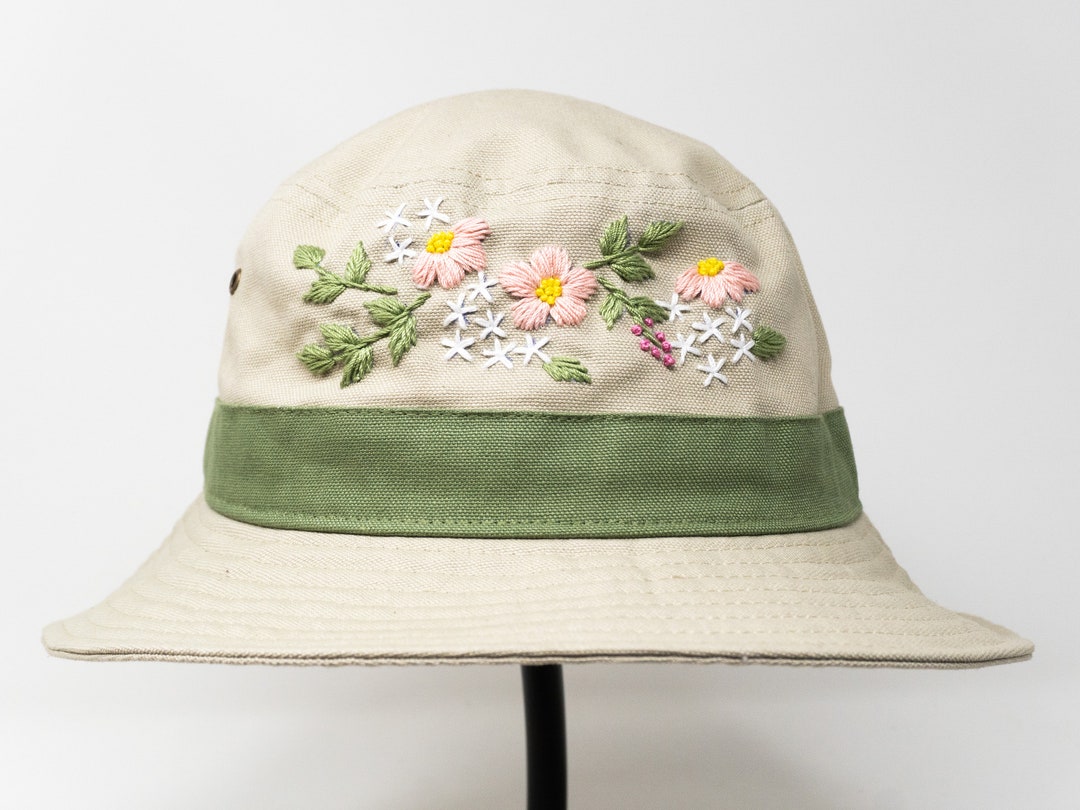 Unique Flower Embroidered Bucket Sun Hat Cute Pattern in Beige Green ...