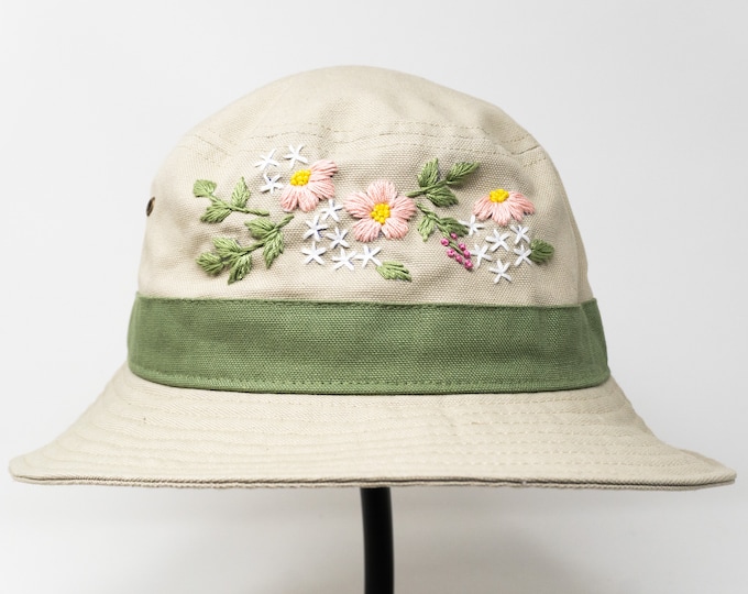 Unique Flower Embroidered Bucket Sun Hat Cute Pattern in Beige Green ...