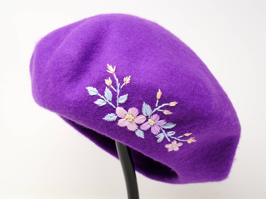 French Wool Beret Hat, Hand Embroidered Cute Twin Purple Flower Beret ...