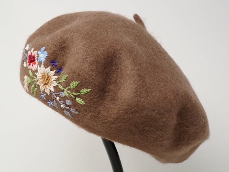 Handmade Hand Embroidered Brown Beret Wild Flower 100% Wool Beret Hat ...