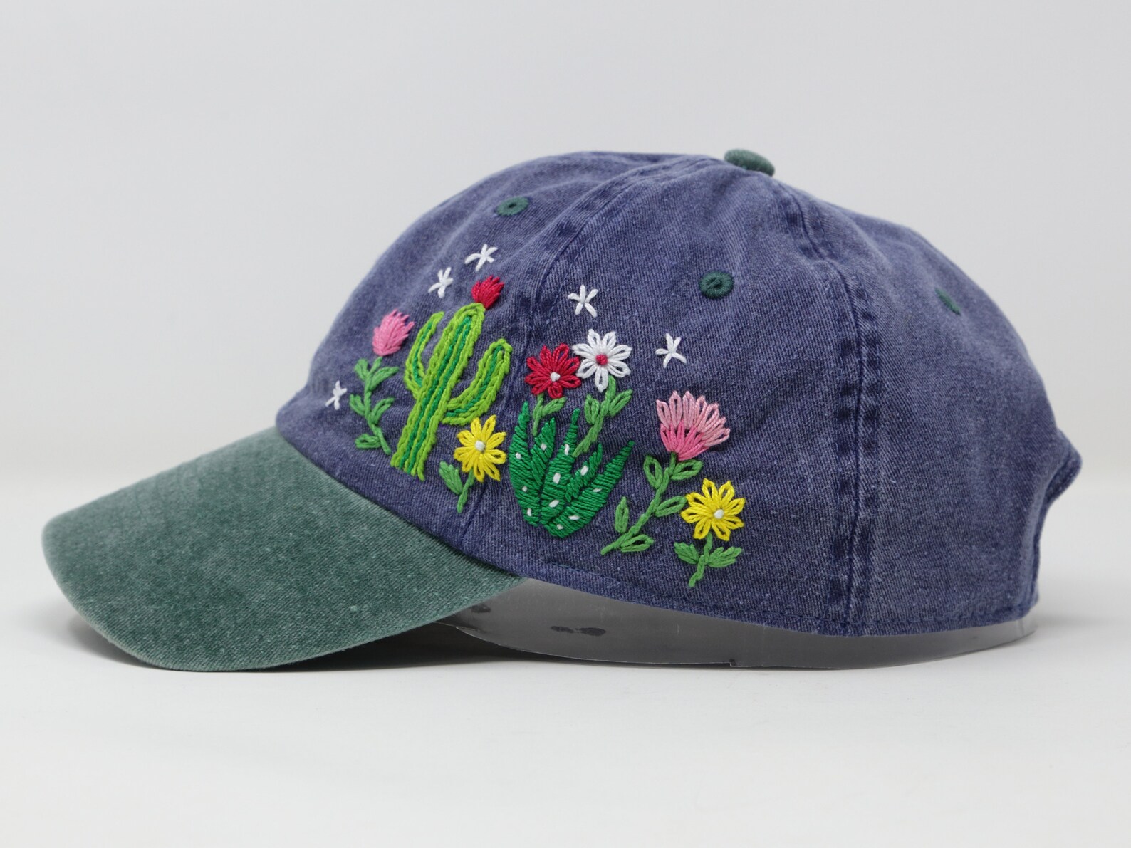 Hand Embroidered Cactus Cacti Hat Cap, Wash Cotton Baseball Cap, 2 Tone ...