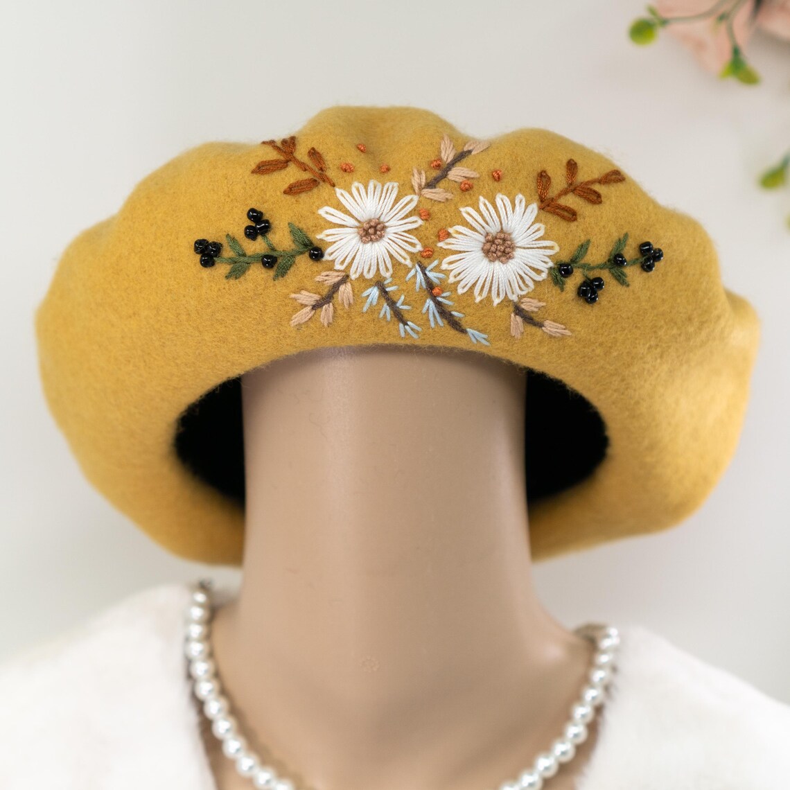 Hand Embroidered French Beret With Floral Design - 100% Wool Premium ...