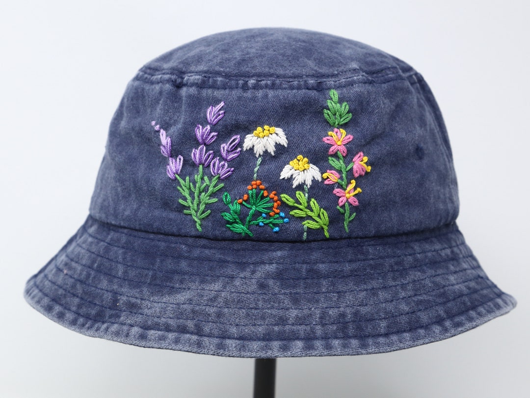 Hand Embroidered Daisy Lavender Flower Bucket Hat, Washed Cotton Short ...
