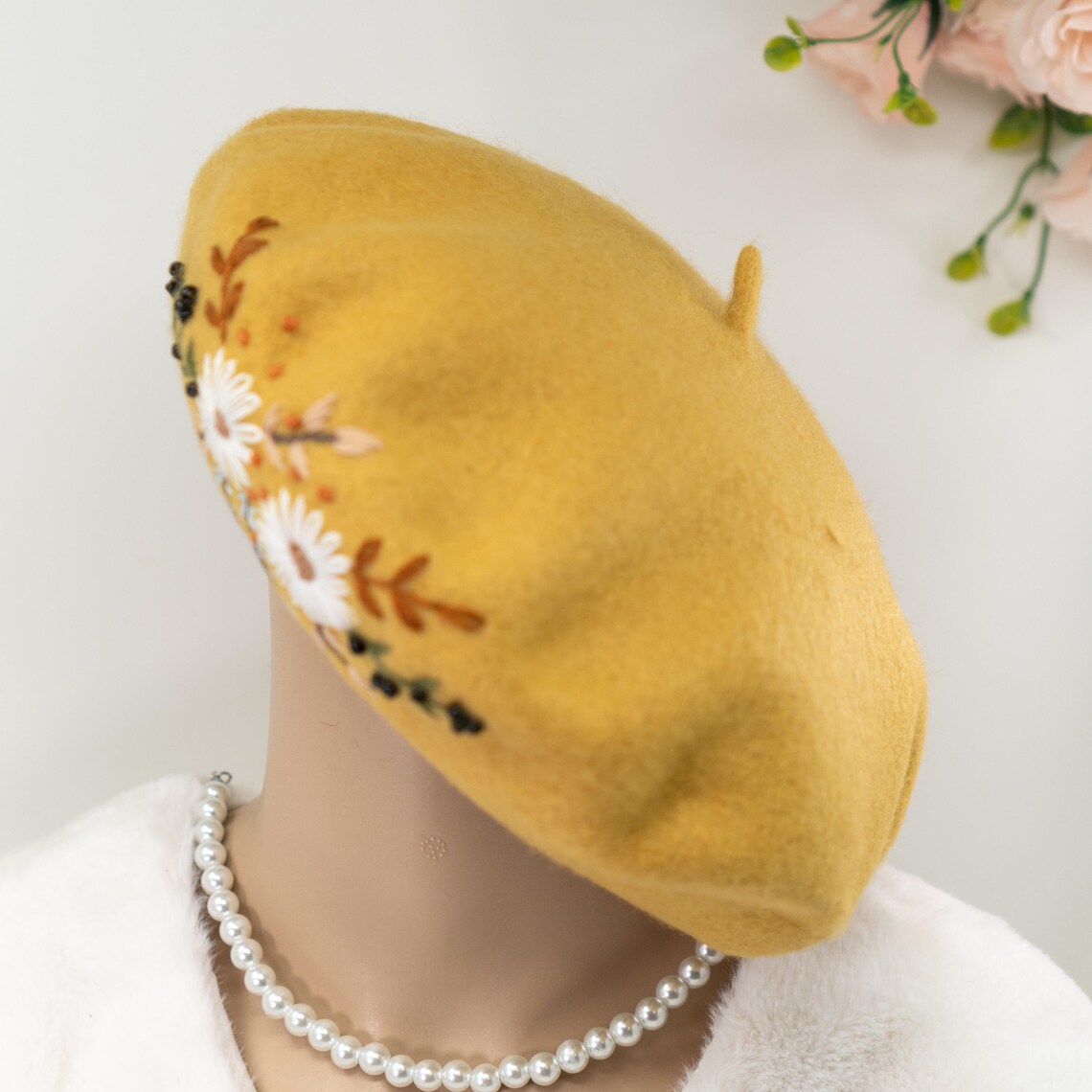 Hand Embroidered French Beret With Floral Design - 100% Wool Premium ...