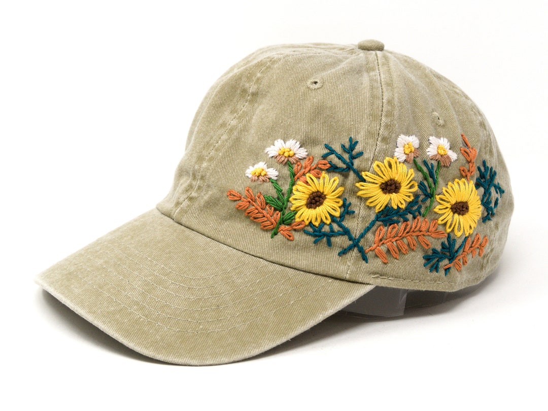 Wash Cotton Baseball Cap, Hand Embroidered Floral Sunflower Hat, Curved ...