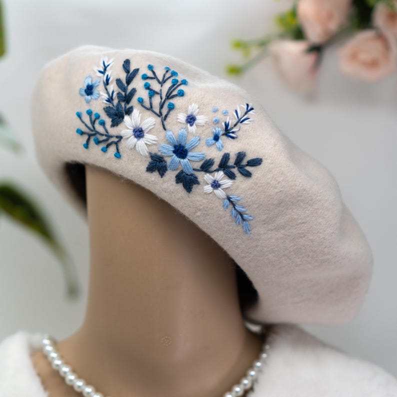 Cream Beige Wool Beret With Hand-embroidered Blue Floral Bouquet ...