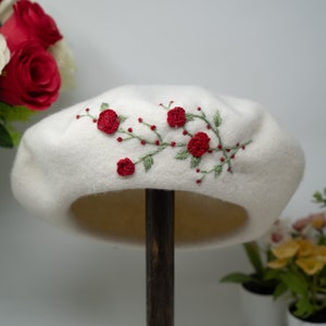 Chic Hand-embroidered Wool French Beret With Red Rose Floral Elegance ...