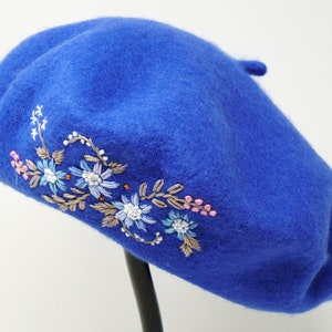 Handmade Hand Embroidered Blue Flower 100% Wool Beret Hat, Warm Winter ...