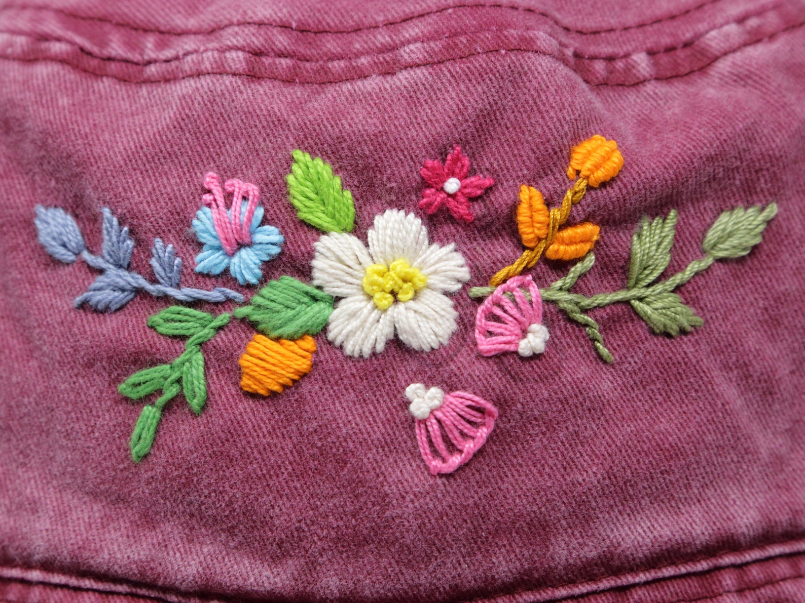 Washed Cotton Bucket Hat Hand Embroidered Flower Cap Short Etsy