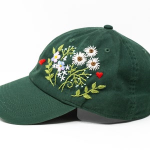 Petals & Brims: Artisan Hand-embroidered Daisy Floral in Green Baseball ...
