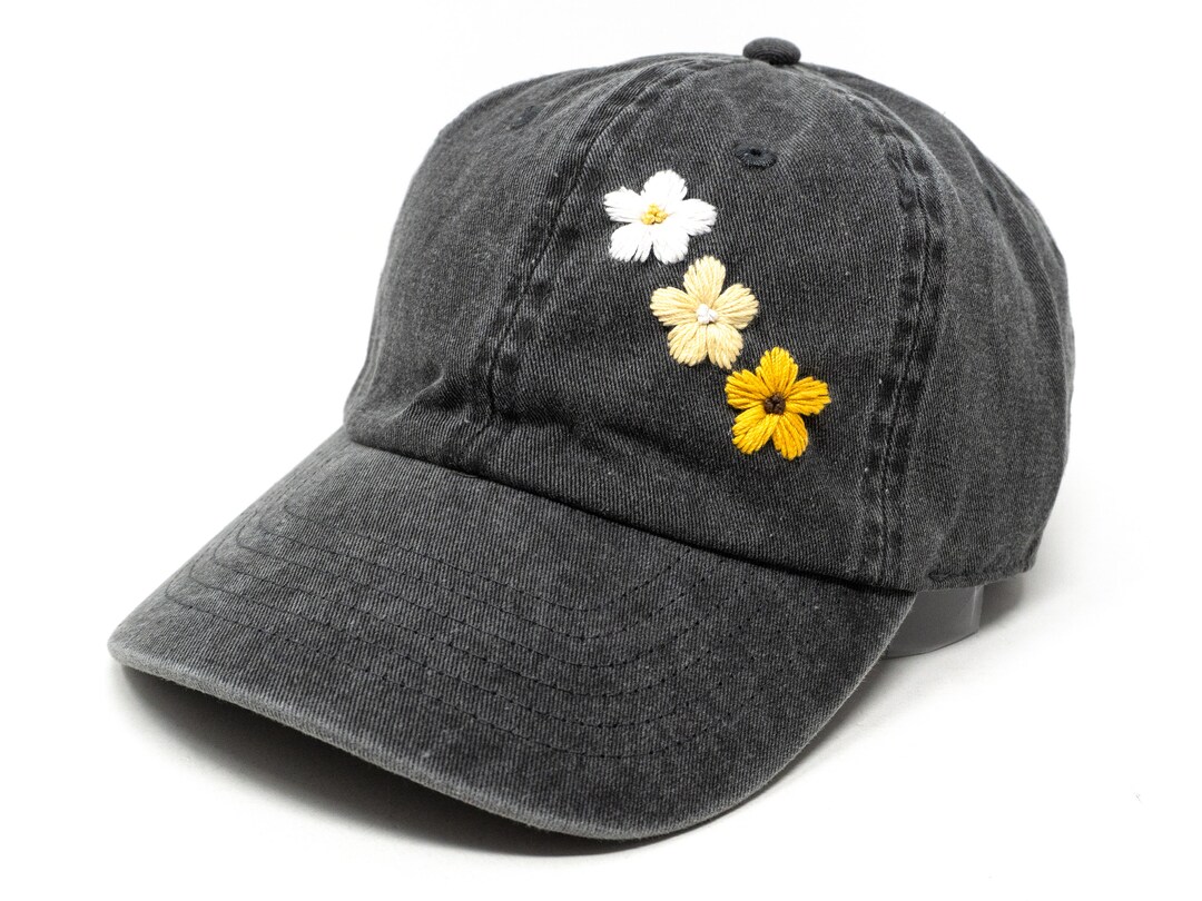 Unique Hand Embroidered Wash Cotton Baseball Cap With Flower Accent ...