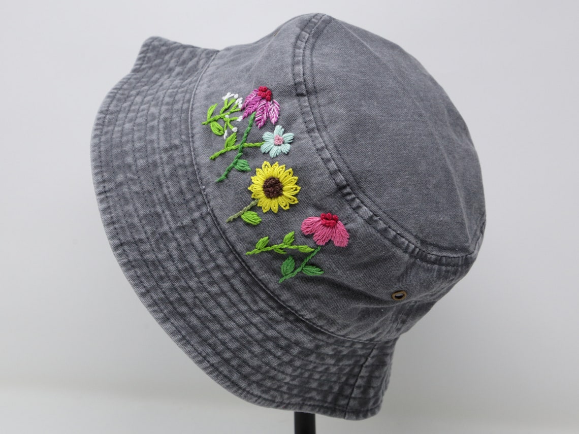 Washed Cotton Bucket Hat Foldable Hand Embroidered Sunflower Etsy