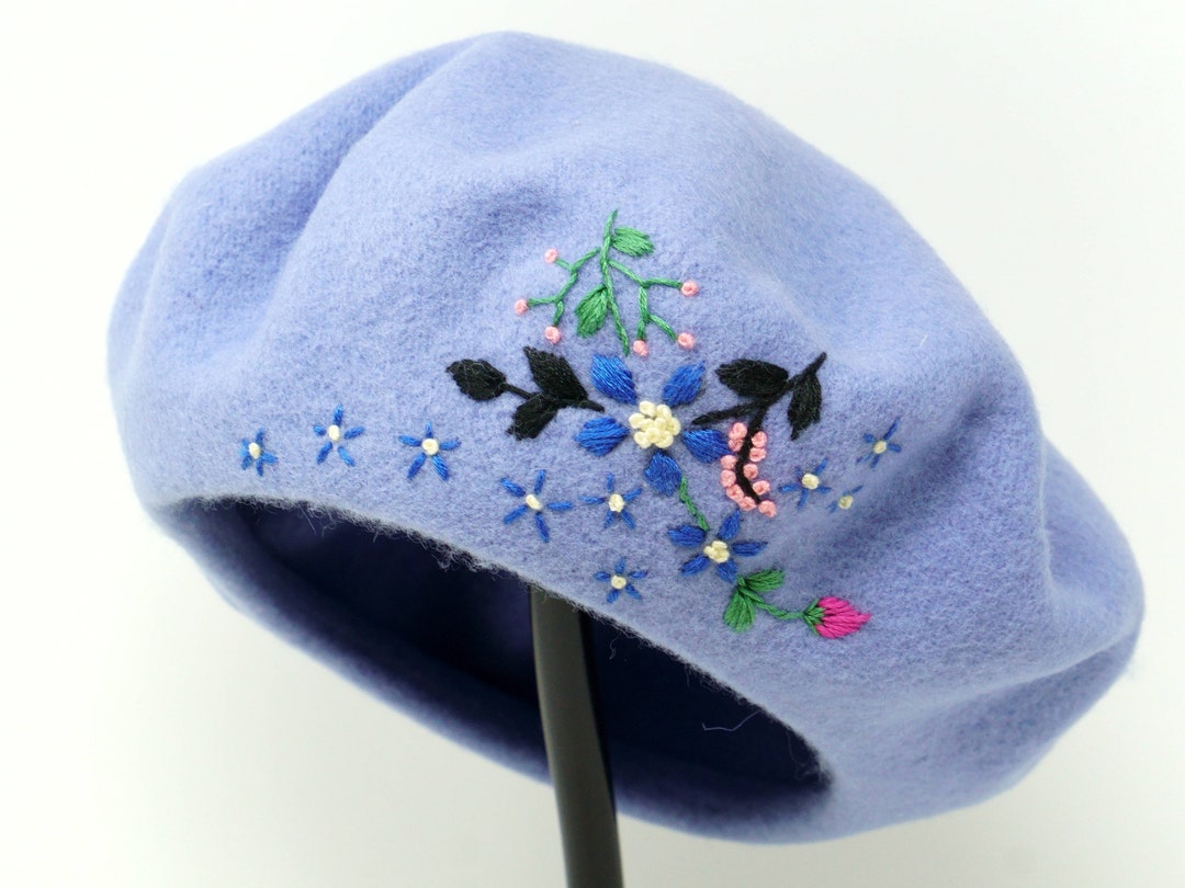 Handmade Hand Embroidered Blue Scatter Flower 100% Wool Beret Hat, Warm ...