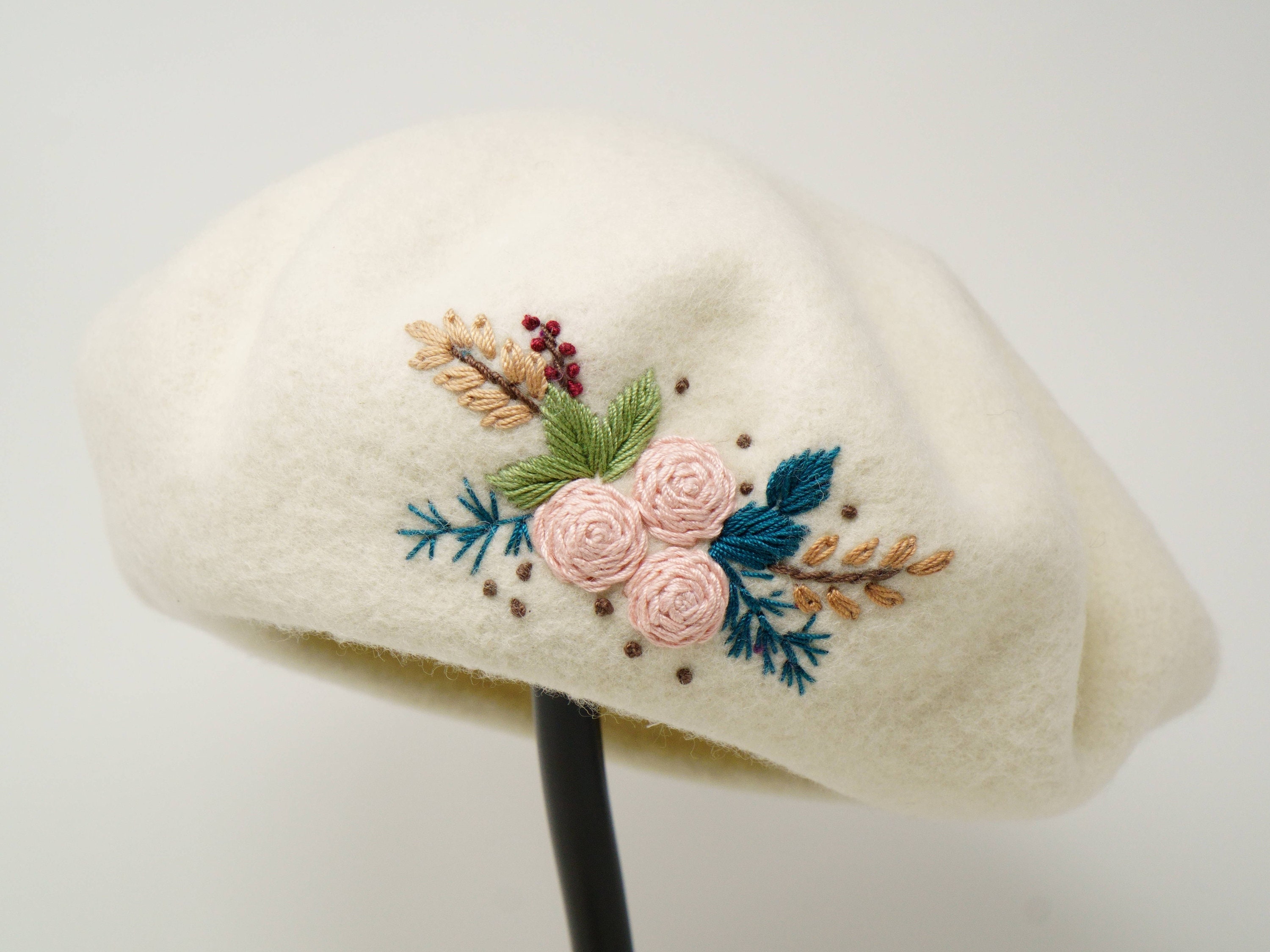 Handmade Hand Embroidered Milky Cream White Beret Wild Mute Pink Rose ...