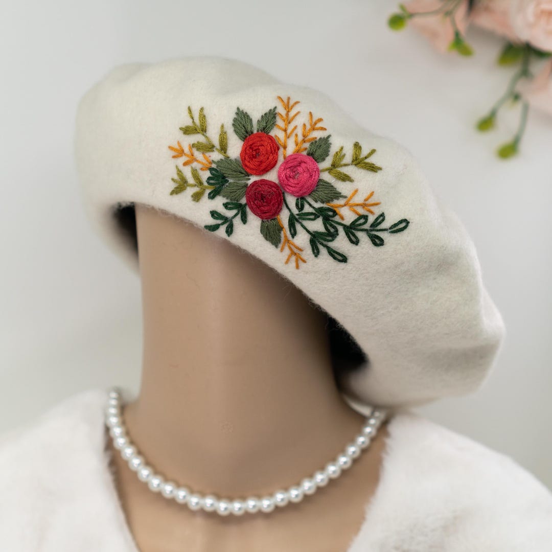 French Wool Beret With Unique Flower Embroidery - Handcrafted Women's ...