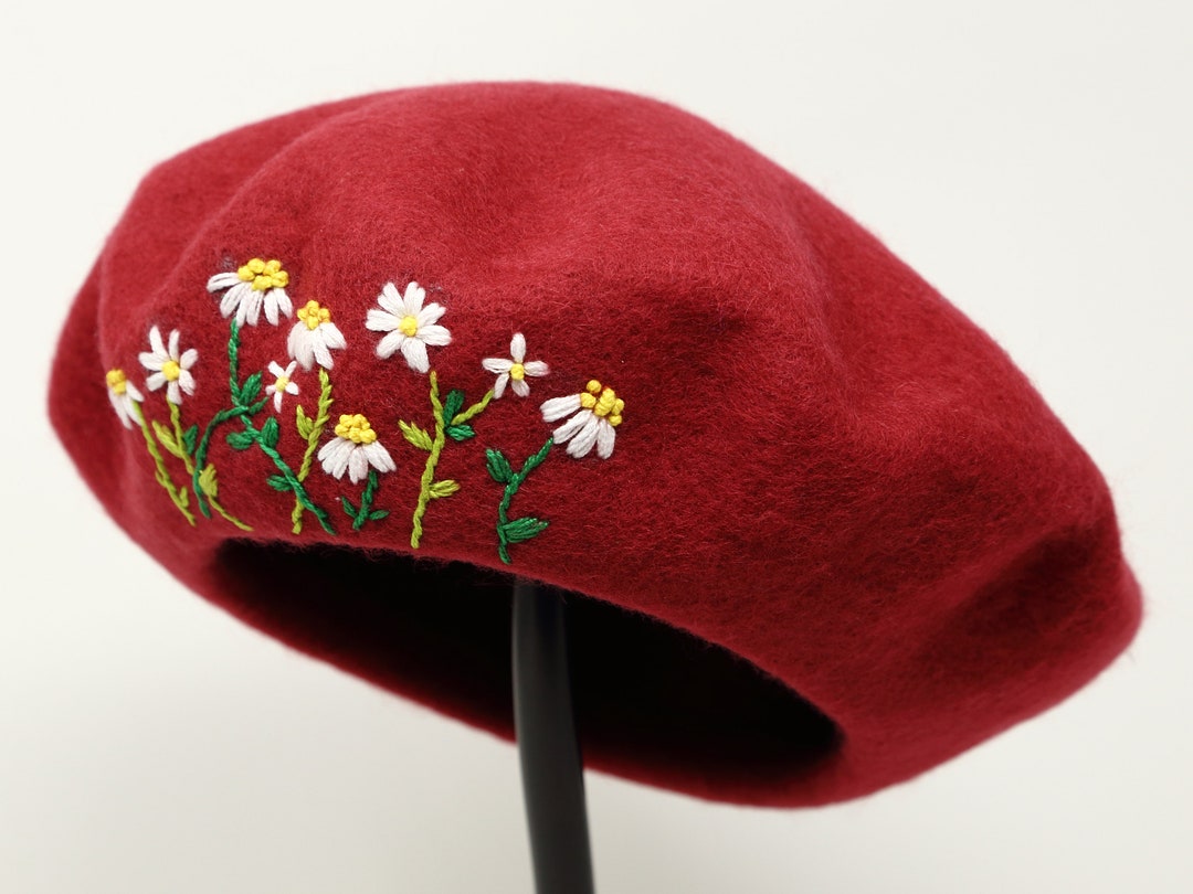 100% Wool Beret Hat, Winter French Cap W/ Hand Embroidered Flower ...