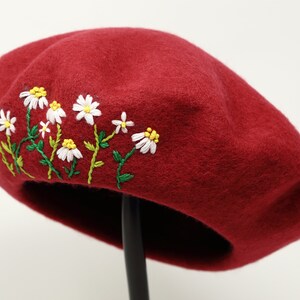 100% Wool Beret Hat, Winter French Cap W/ Hand Embroidered Flower ...