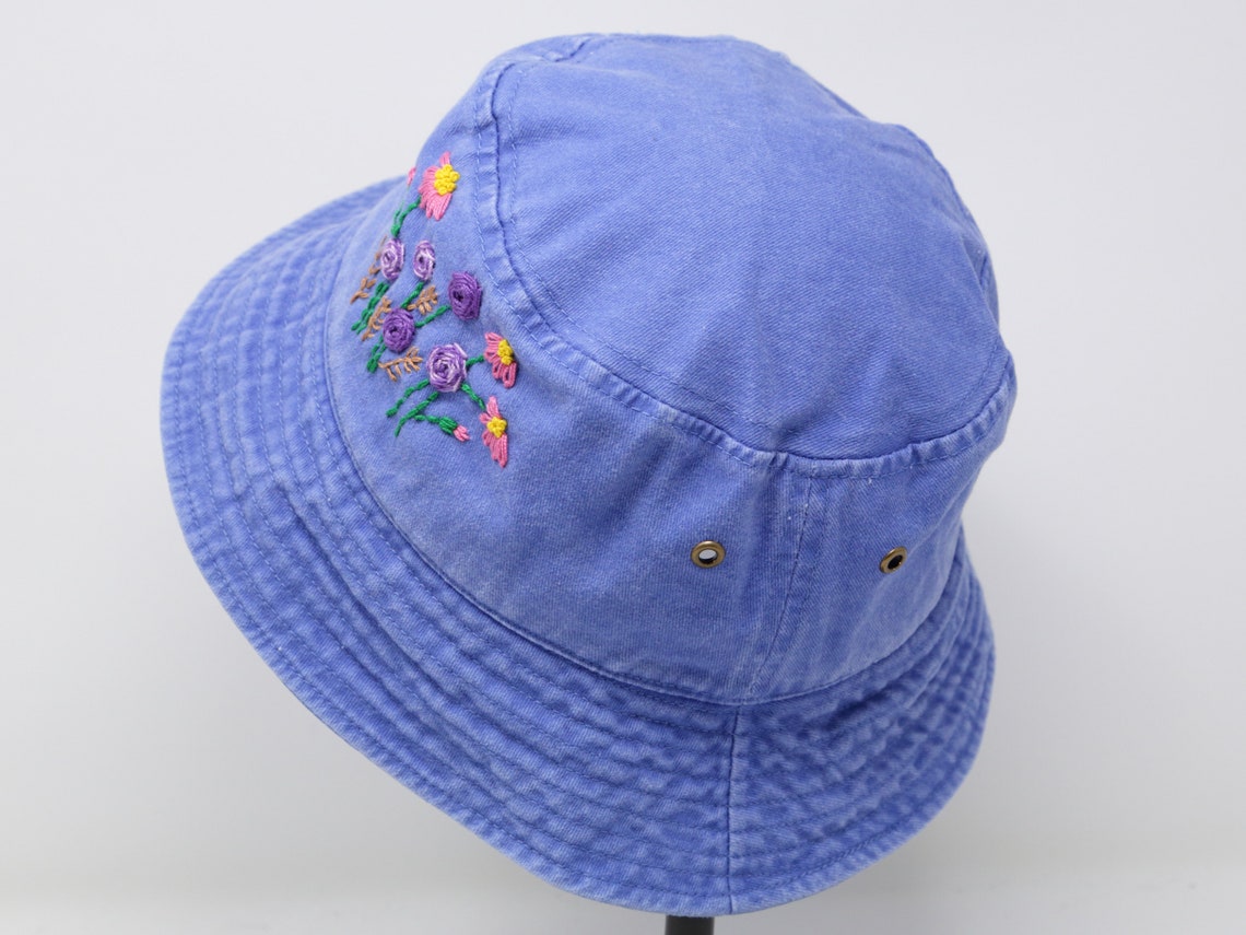 Washed Cotton Bucket Hat Hand Embroidered Purple Rose Wild Etsy