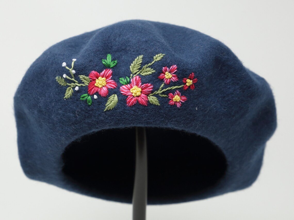 French Wool Beret Hat, Hand Embroidered Twin Flower Beret, Navy Blue ...