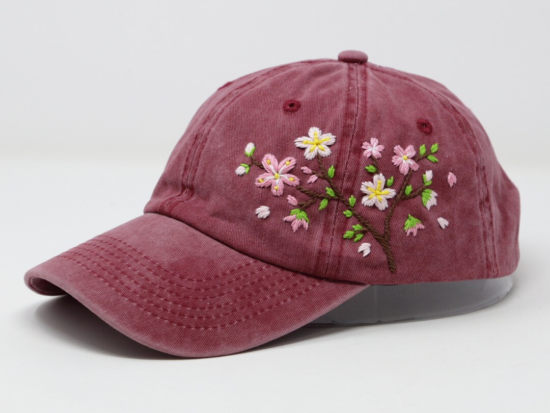 Wash Cotton Baseball Cap, Hand Embroidered Flower Hat, Cherry Blossom ...