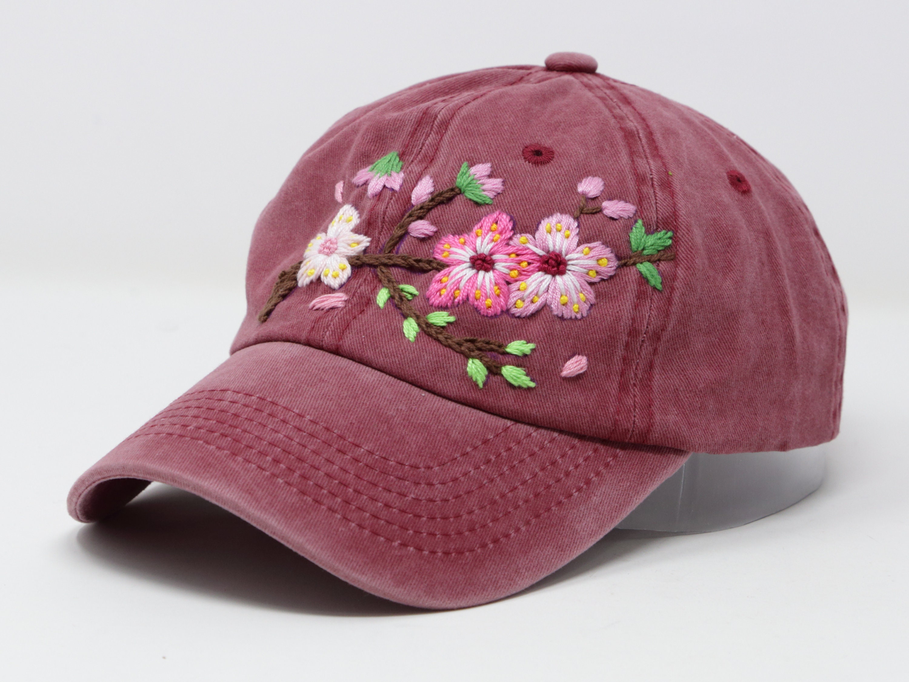 Wash Cotton Baseball Cap, Hand Embroidered Flower Hat, Cherry Blossom ...