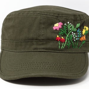 Wash Cotton Hand Embroidered Flower Cadet Flat Cap, Colorful Military ...