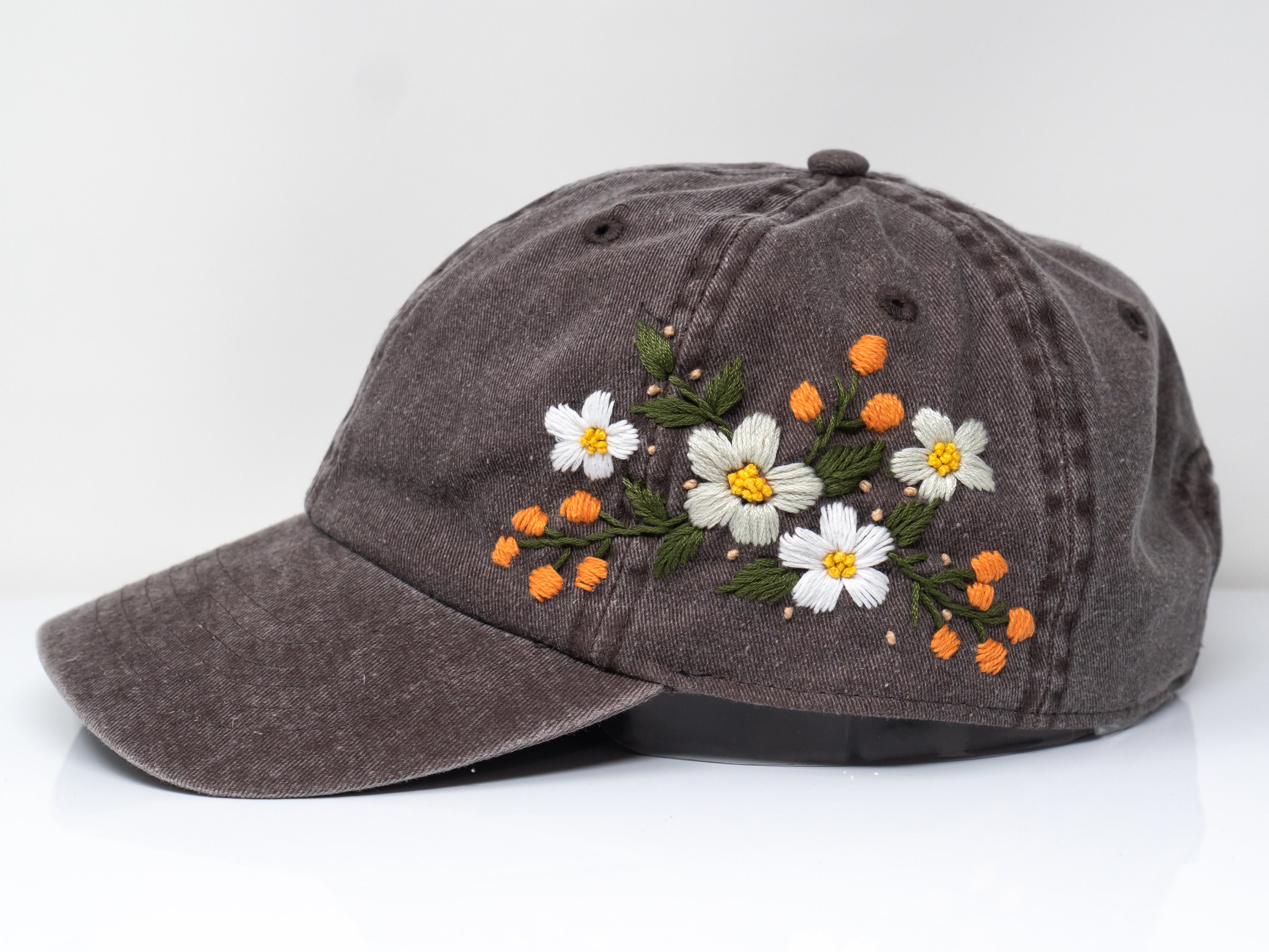 Hand Embroidered Flower Baseball Cap, Washed Cotton Curved Brim ...