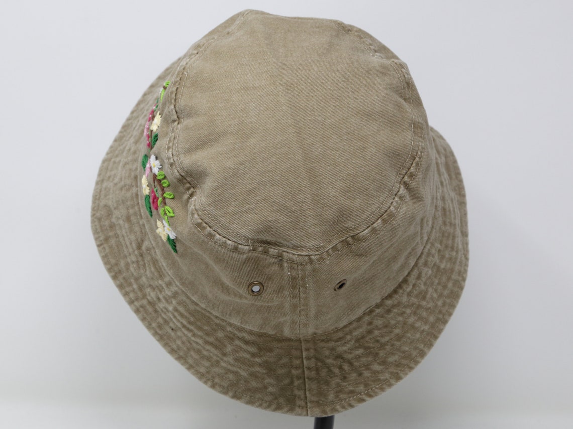 Washed Cotton Beige Bucket Hat, Hand Embroidered Strawberry Flower Cap ...