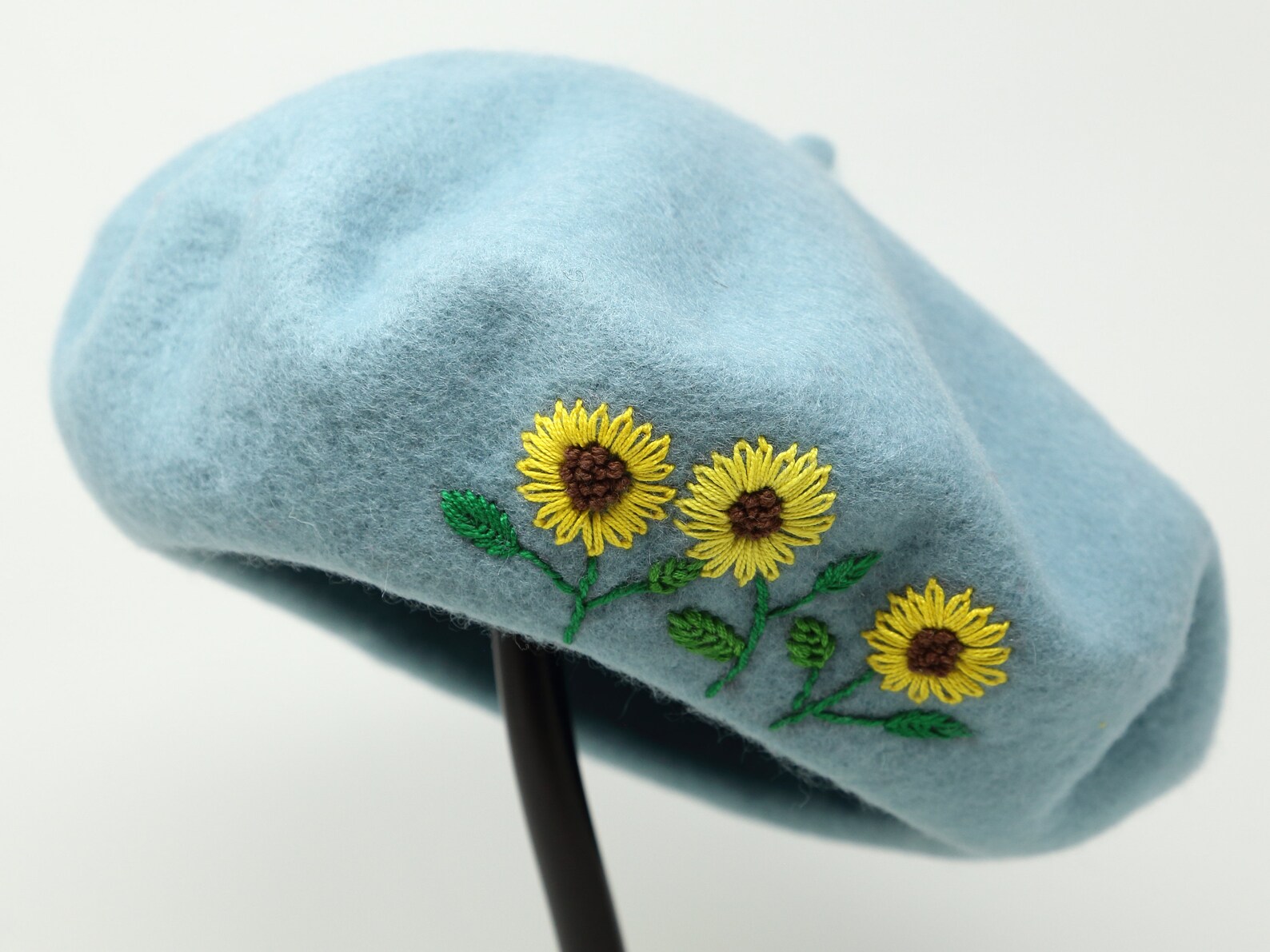100% Wool Beret Hat, Winter French Cap Hand Embroidered Sunflower Teal ...