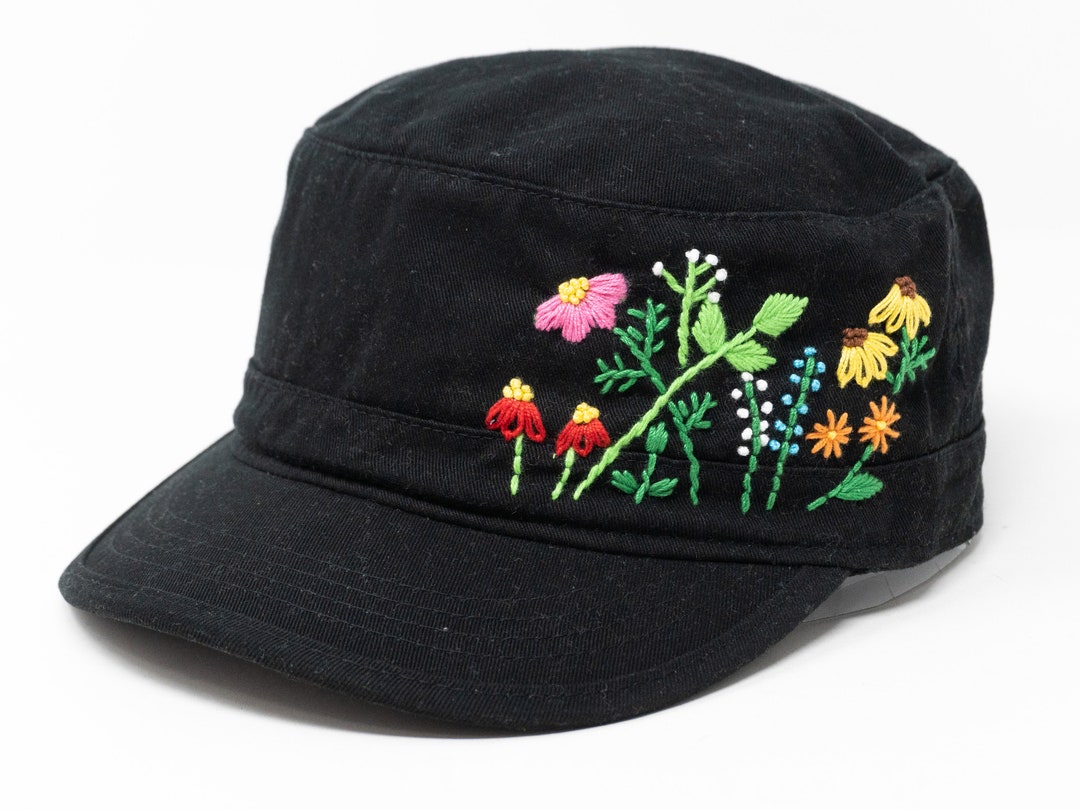 Wash Cotton Hand Embroidered Flower Cadet Flat Cap, Colorful Military ...