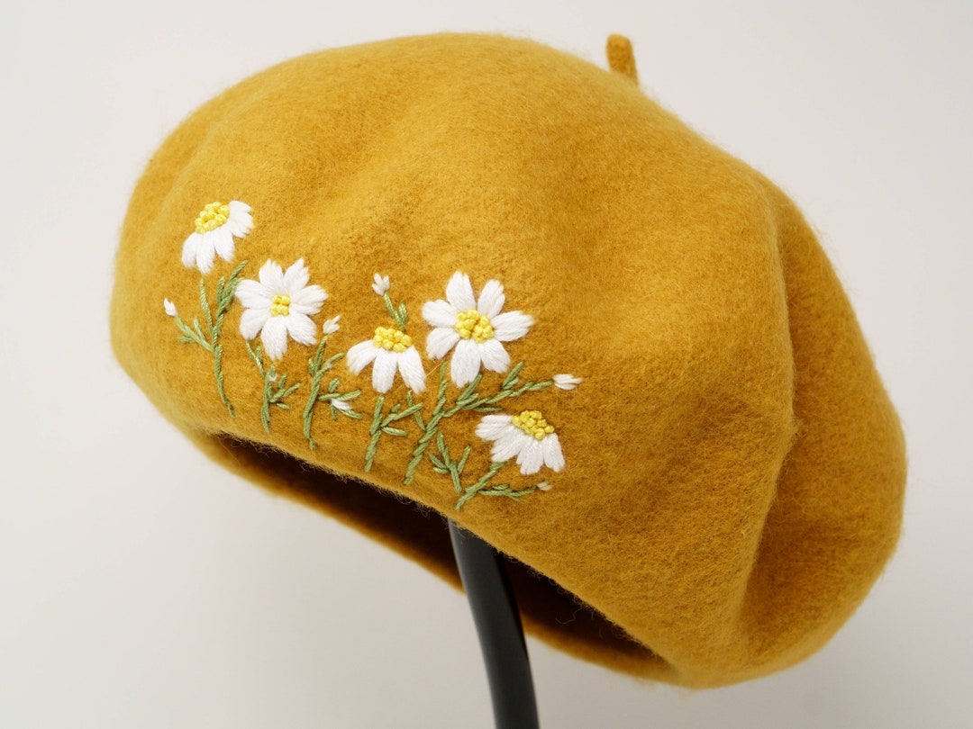 Handmade Hand Embroidered Mustard Yellow Beret Wild White Daisy Flower ...
