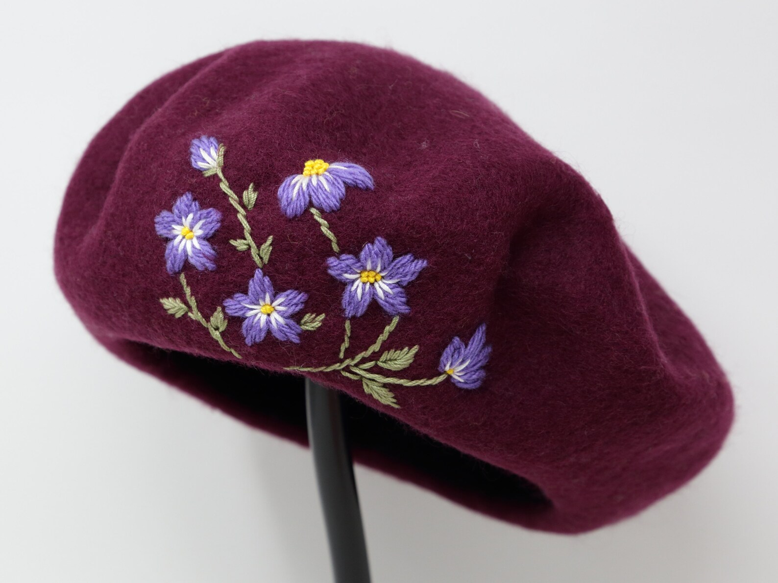 Hand Embroider Wool Beret Cap Purple Flower Winter Hat 100% - Etsy