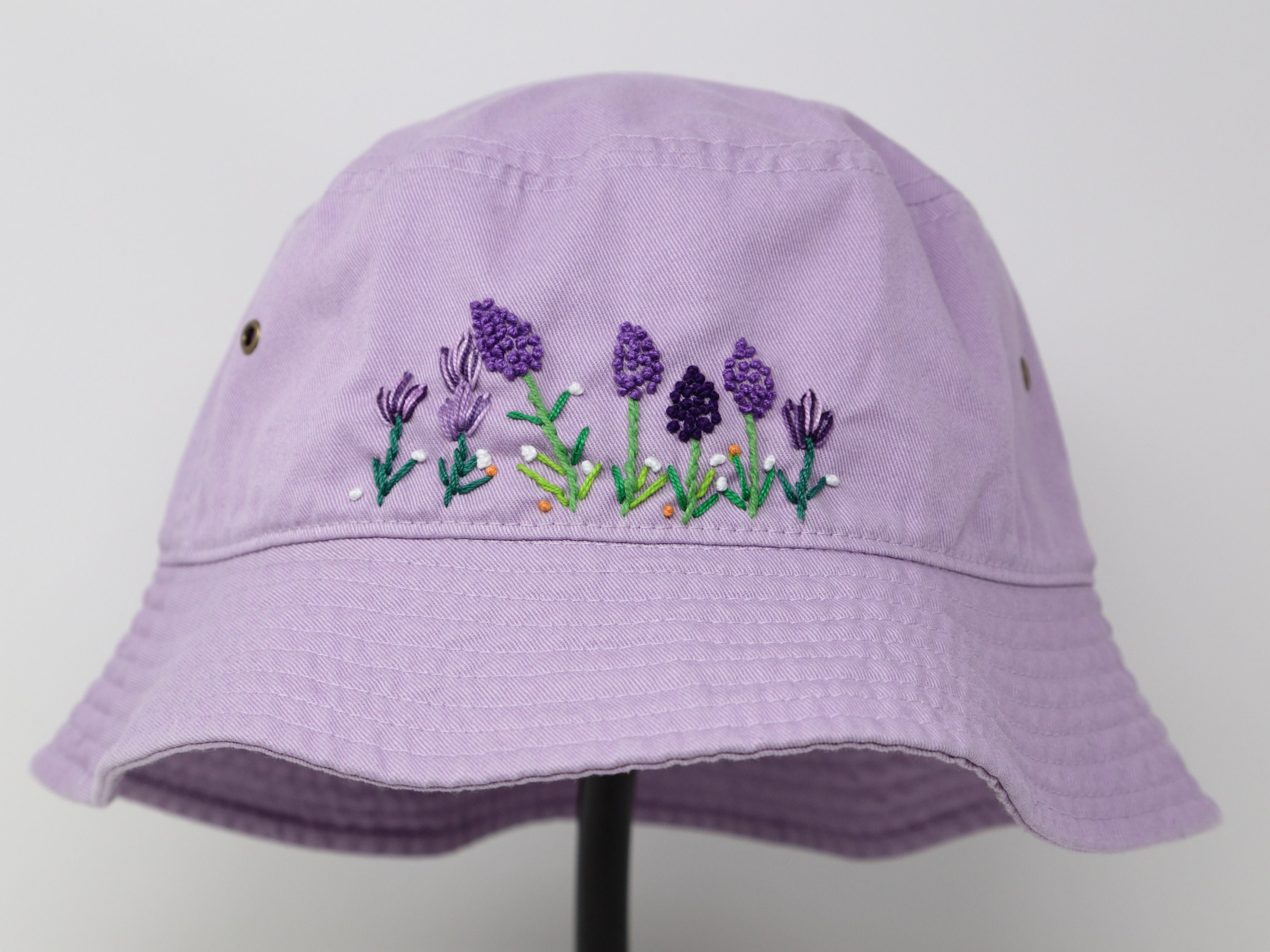 Summer Cotton Bucket Bonnie Hat, Hand Embroidered Lavender Flower Cap ...