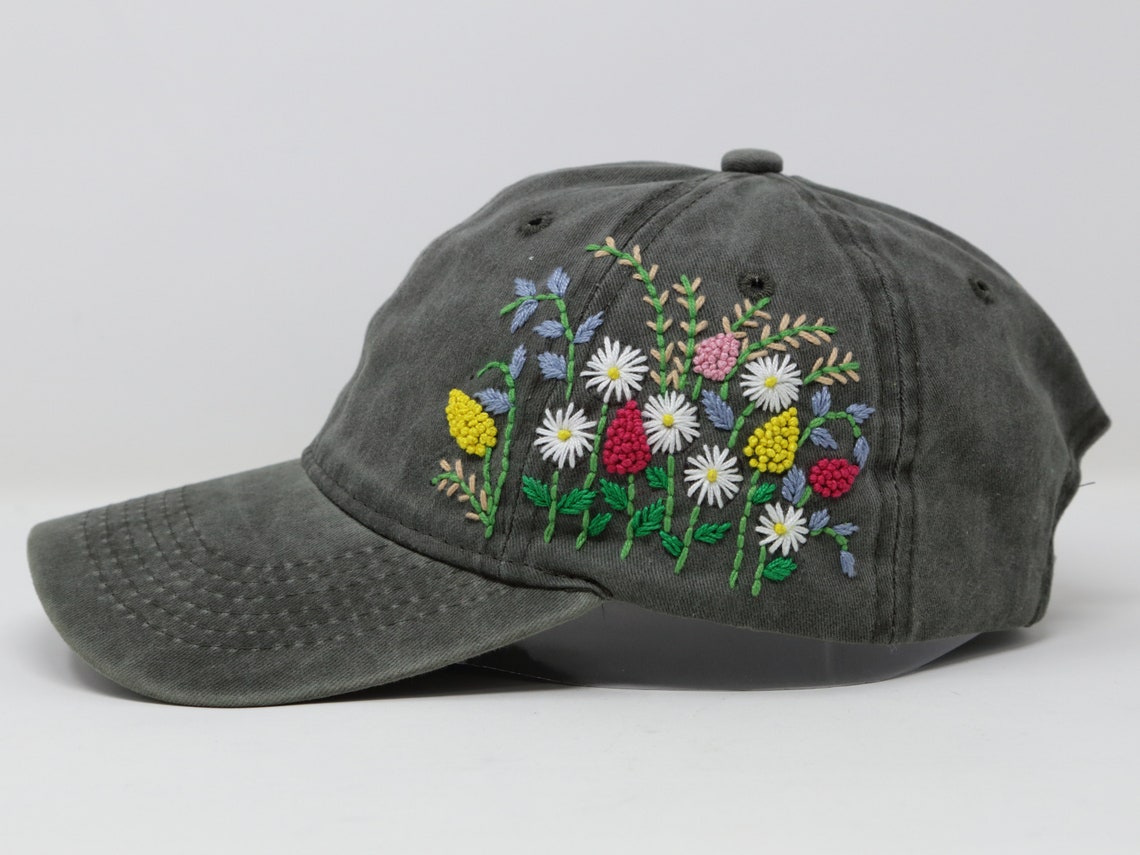 Hand Embroidered Flower Garden Washed Cotton Baseball Cap, Hand ...