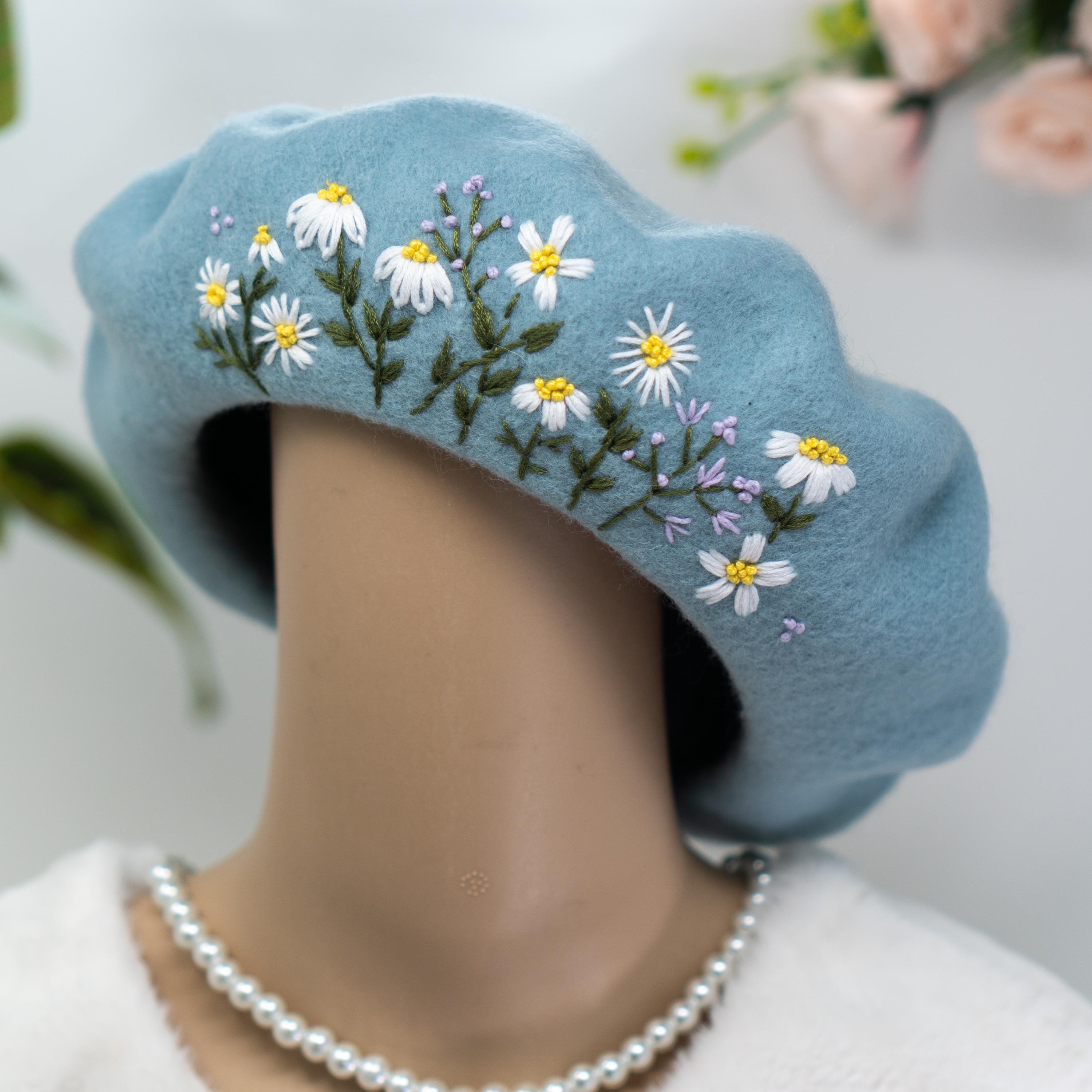 Modern Style Embroidered French Beret Sky Blue | Wool Daisy Flower Hat ...